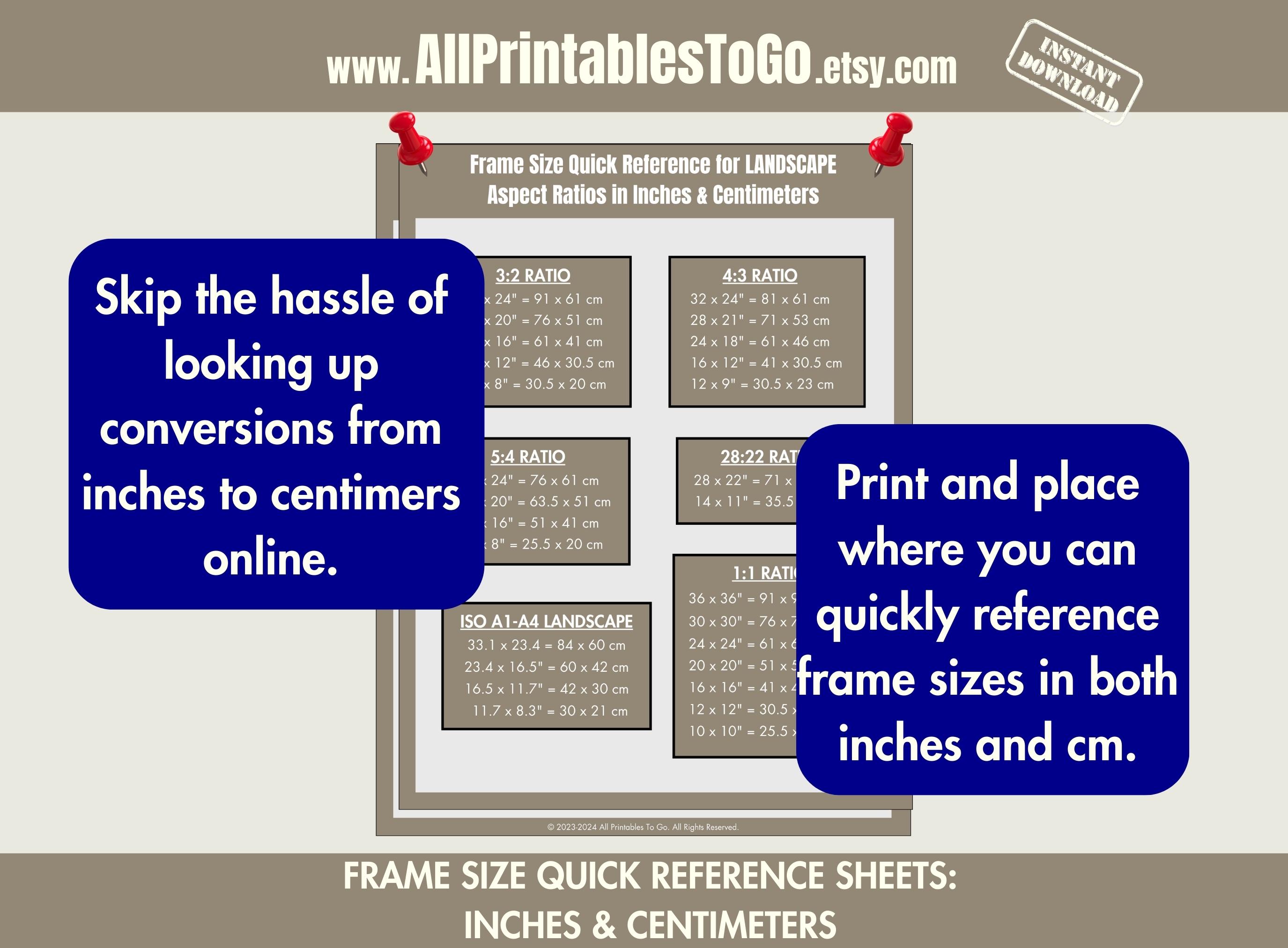 Printable Wall Art Frame Sizes Quick Reference Sheets for Inch to ...