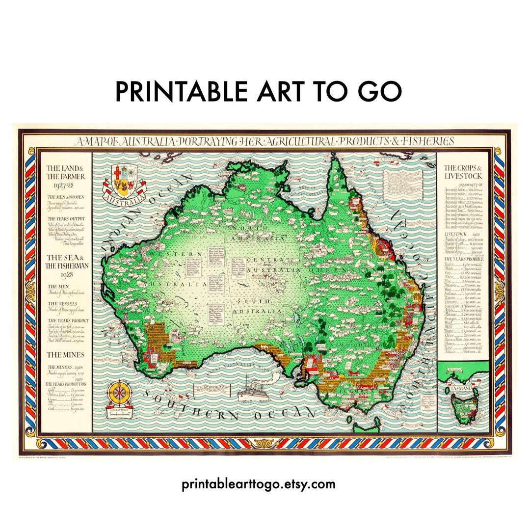 Printable 1928 Map of Australia | Digital Rendition of Antique Map ...