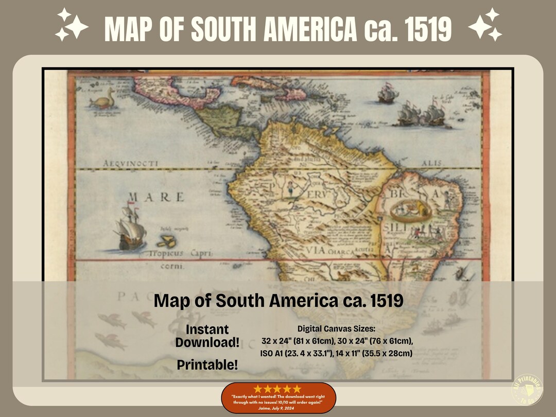 Printable 1519 Map of South America, World Atlas, Digital Antique Map ...