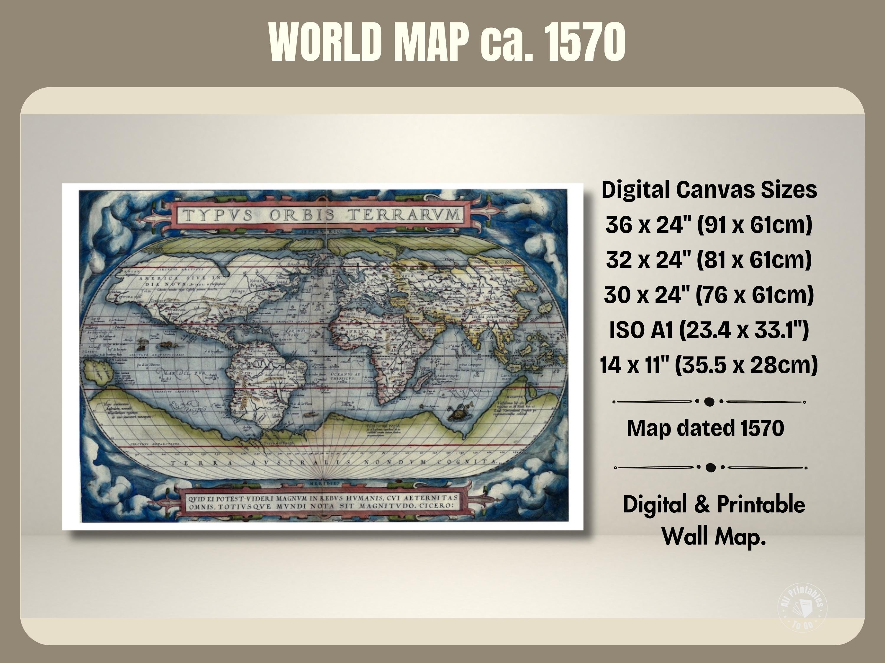 Printable Vintage Map of the World, Ortelius World Map Ca. 1570, Wall Map Poster, Vintage Wall ...