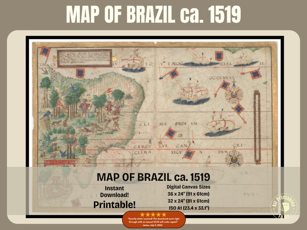 Map of Brazil Ca. 1519, Antique South America Map, Printable and ...