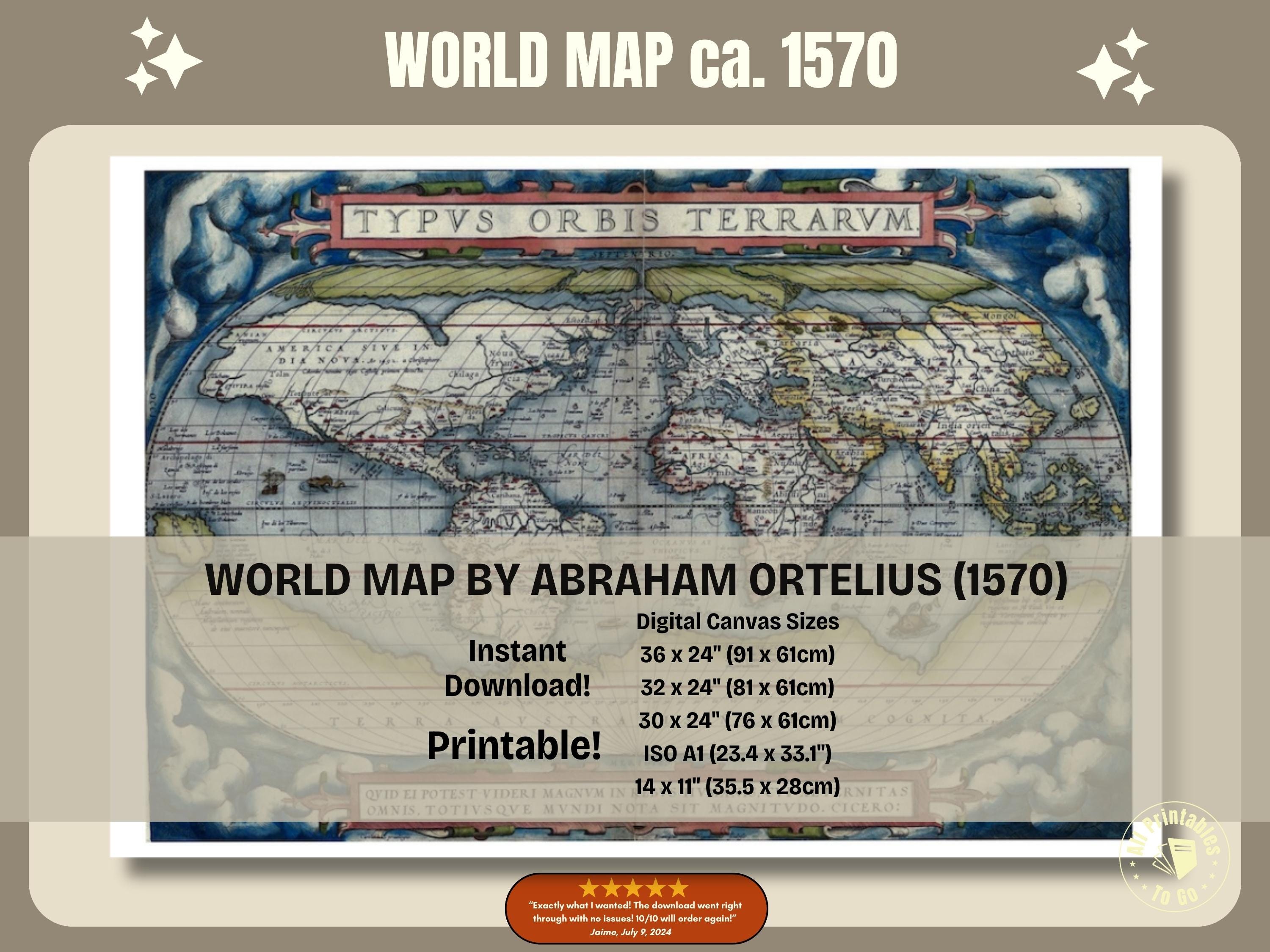 Printable Vintage Map of the World, Ortelius World Map Ca. 1570, Wall Map Poster, Vintage Wall ...