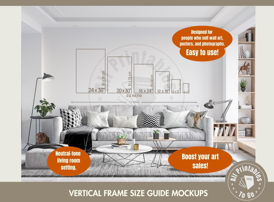 Vertical Frame Size Guide Mockups: Living Room Display (PDF, PNG, JPEG ...