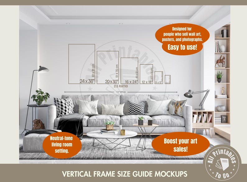 Vertical Frame Size Guide Mockups: Living Room Display (PDF, PNG, JPEG) - Etsy