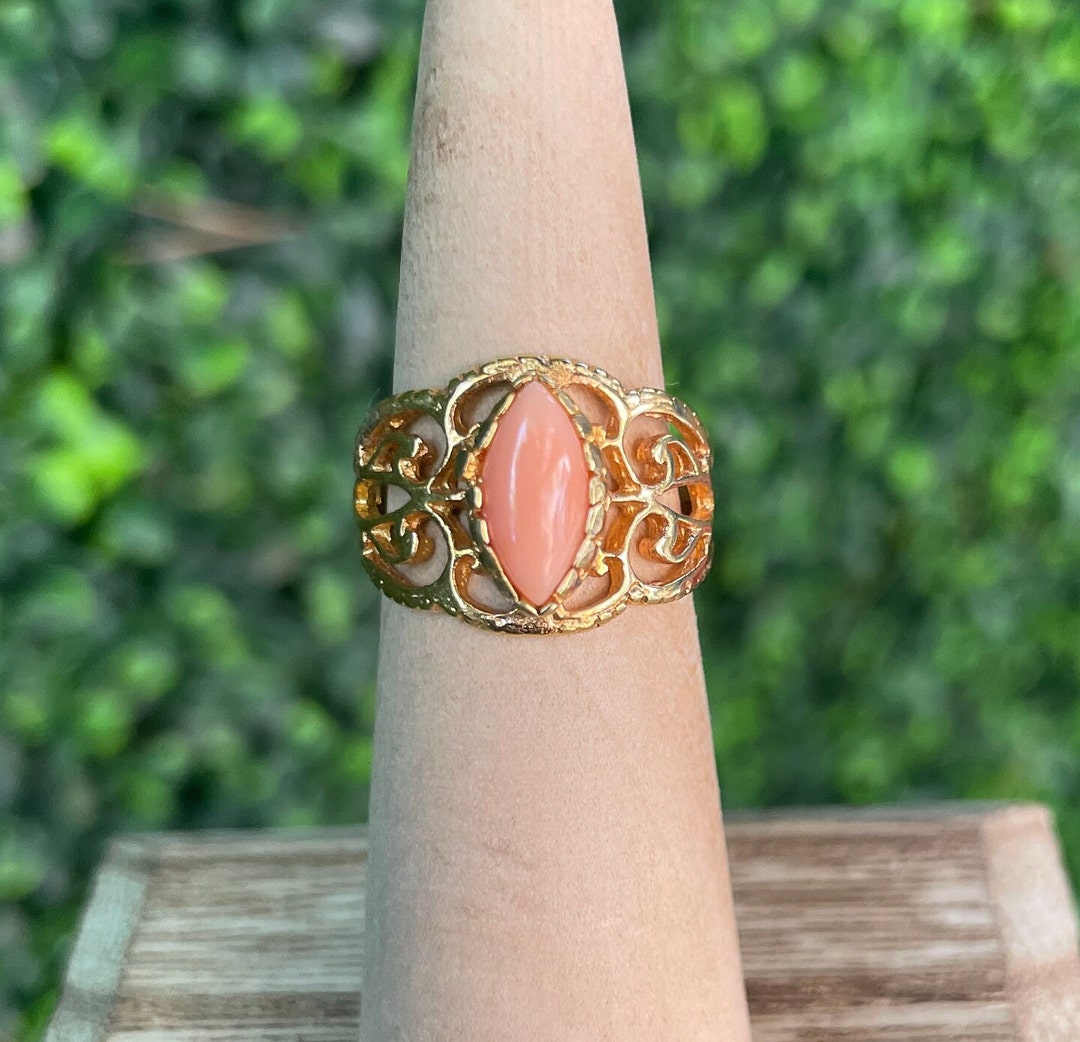 Ornate Vintage Angel Skin Coral and 18KT Gold Plate Filigree Ring, Size ...