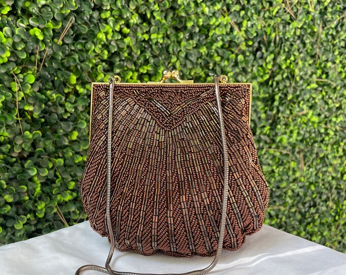 Vintage Beaded Brown Clam Shell Crossbody Purse - Etsy