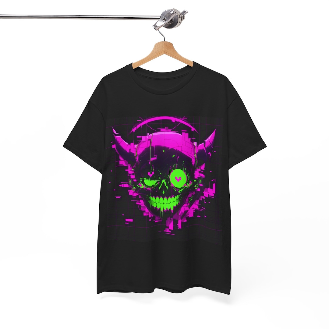 Neon Demon Skull T-shirt – Cyberpunk Vibes Tee – Edgy Neon Graphic ...