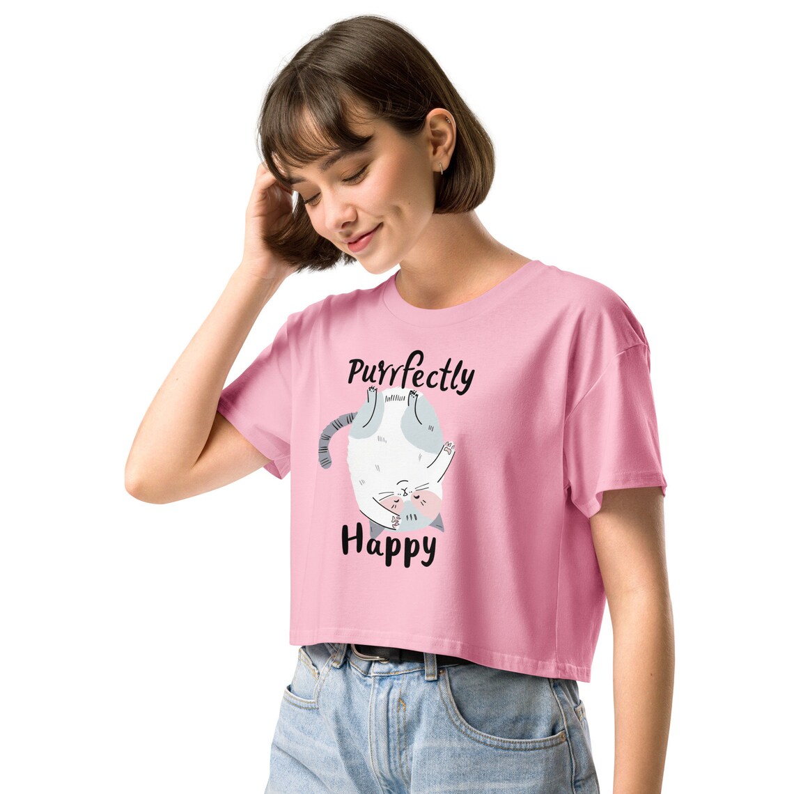 Purrfectly Happy Cat Crop Top Cute Cat Lover Tee Adorable Kitty Graphic ...