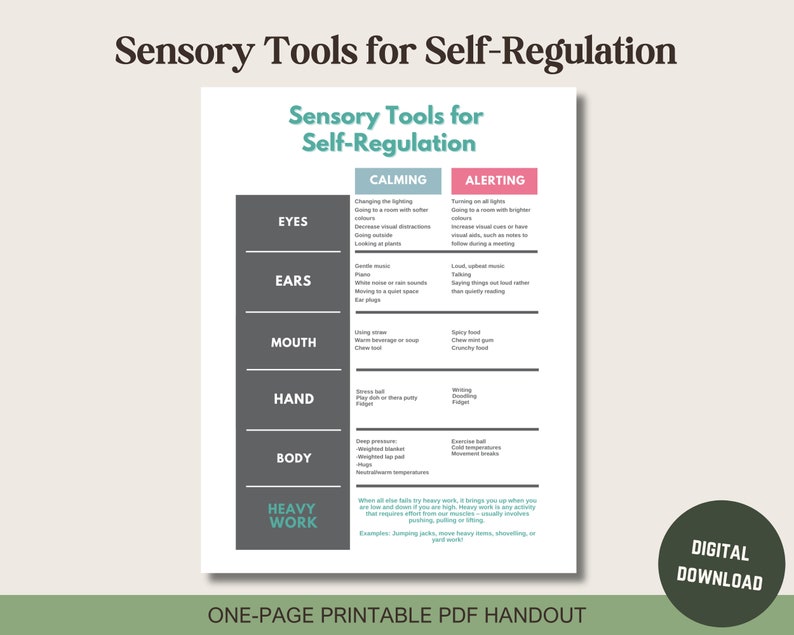 Sensory Tools for Self Regulation Handout and Poster for Therapy or Classroom, Occupational ...