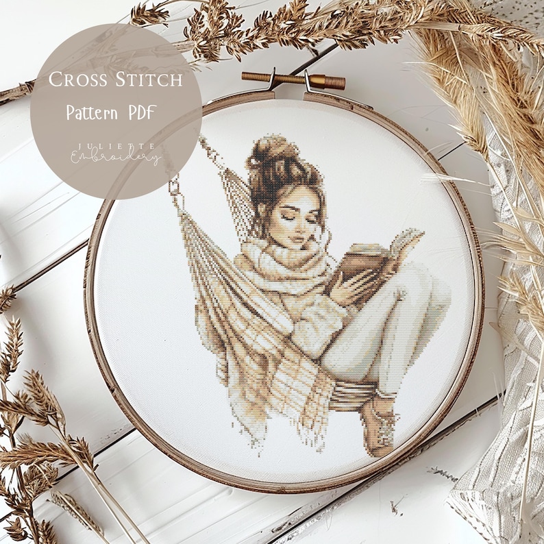 Woman Reading Cross Stitch Pattern | Modern Embroidery Design (PDF) 194 ...