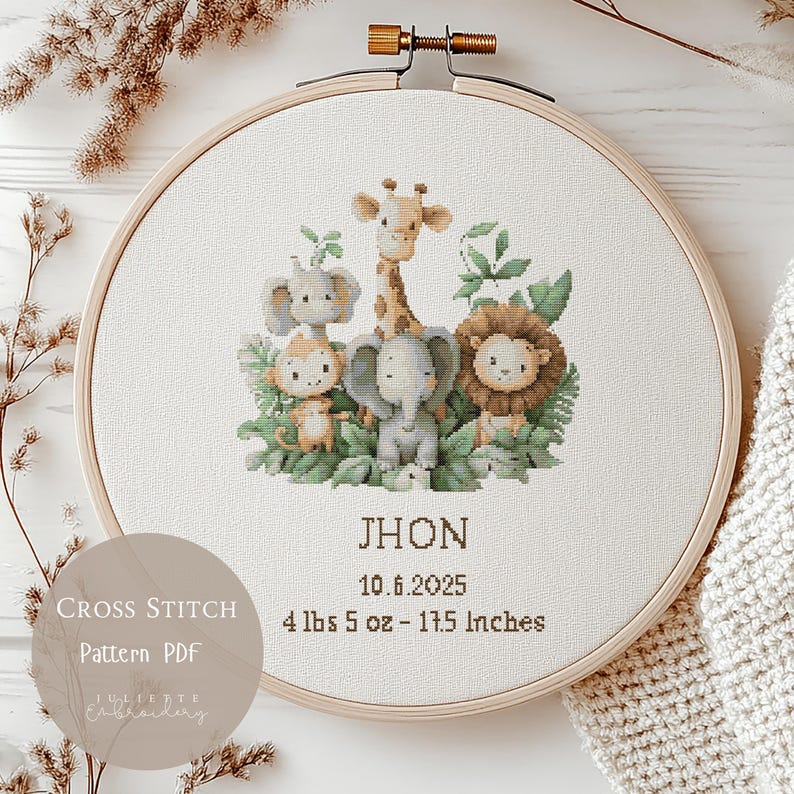 Safari Animal Personalized Baby Birth Announcement Cross Stitch Pattern ...