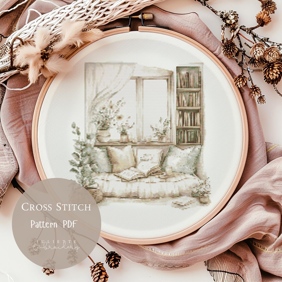Cross Stitch Pattern Bookshelf | Home Nook Reading Embroidery Designs ...
