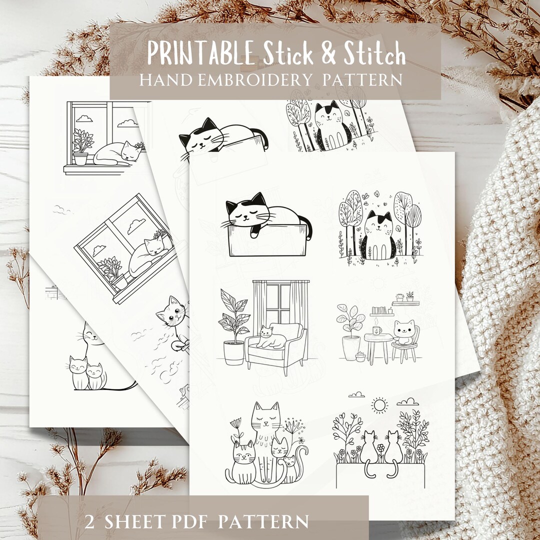 Stick and Stitch Funny Cats Digital Download,bundle 12 Cute Cats ...