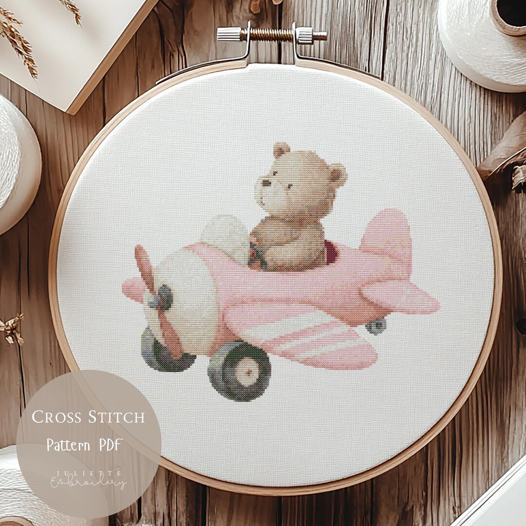 Teddy Bear Airplane Cross Stitch Pattern, |pink Aviator Nursery Decor ...