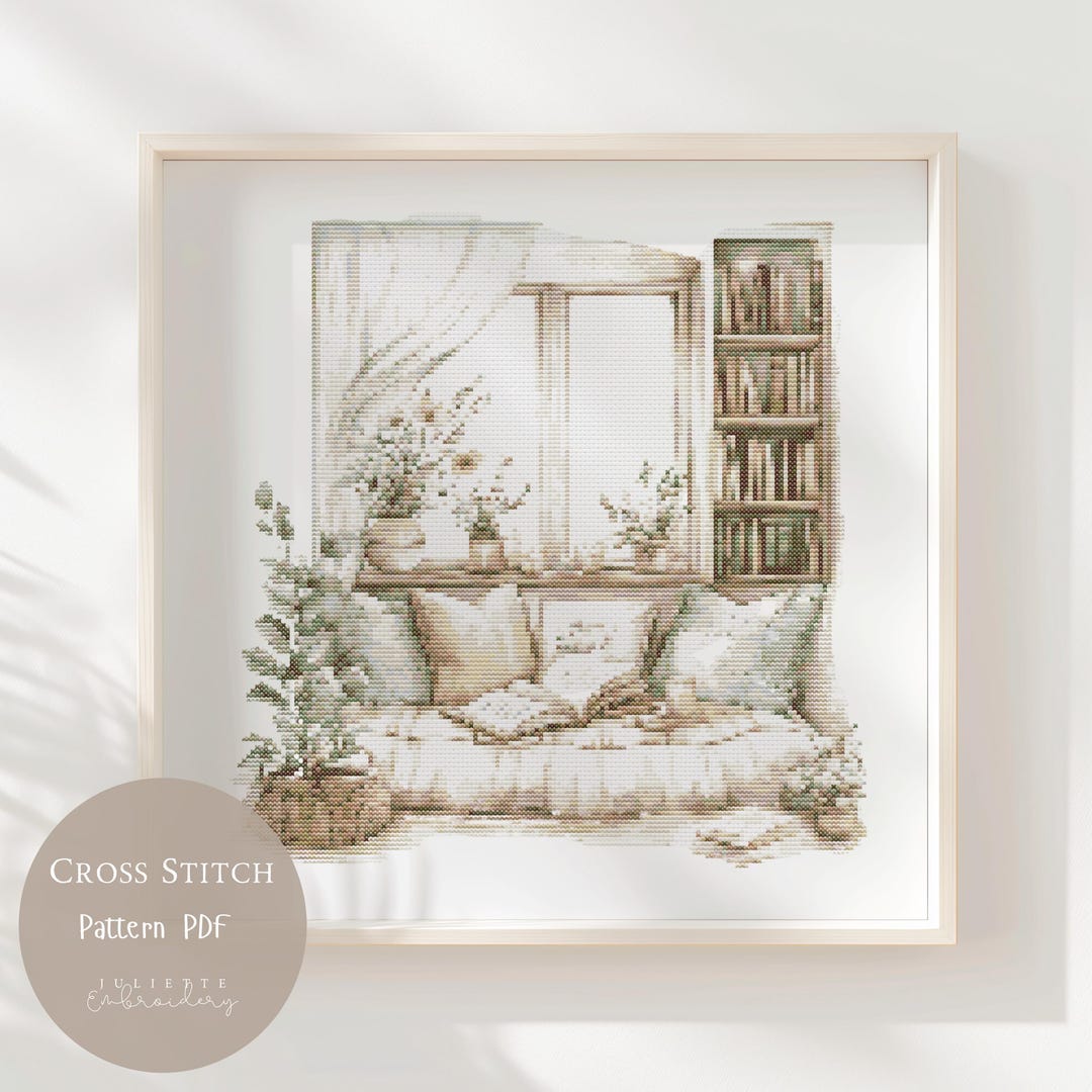 Cross Stitch Pattern Bookshelf | Home Nook Reading Embroidery Designs ...