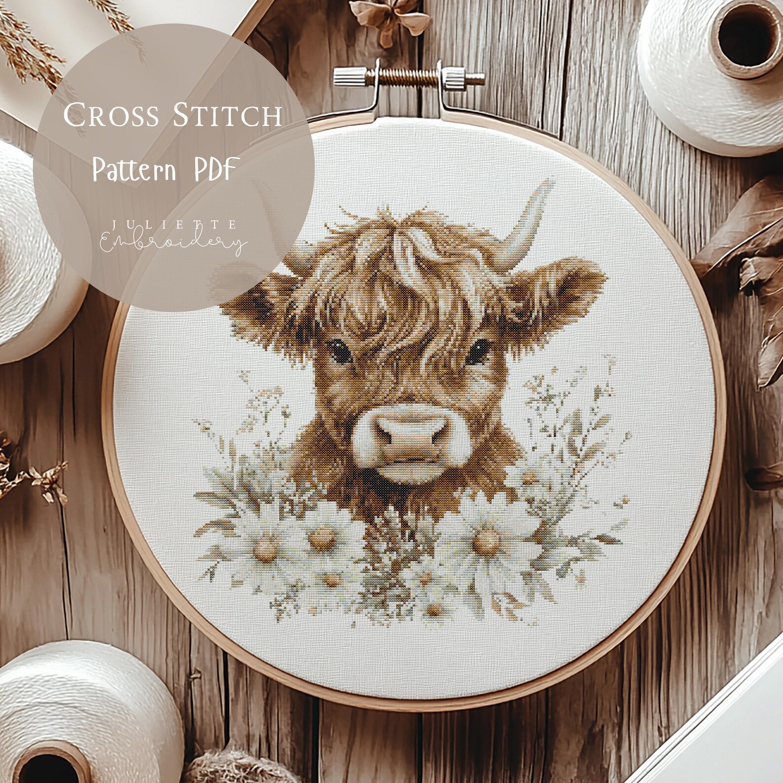Cross Stitch Pattern Flower Highlander | Floral Animal Embroidery ...