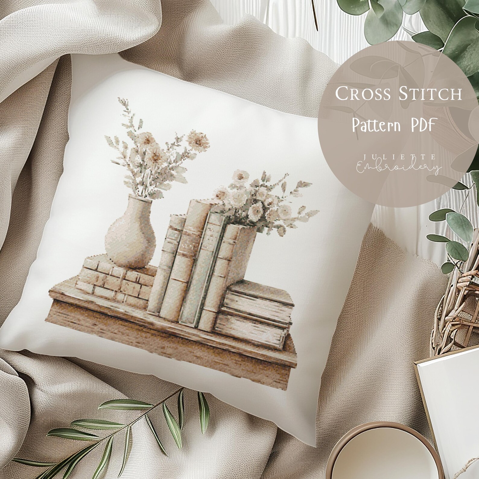 Cross Stitch Pattern Bookshelf | Home Decor Book Embroidery Designs PDF ...