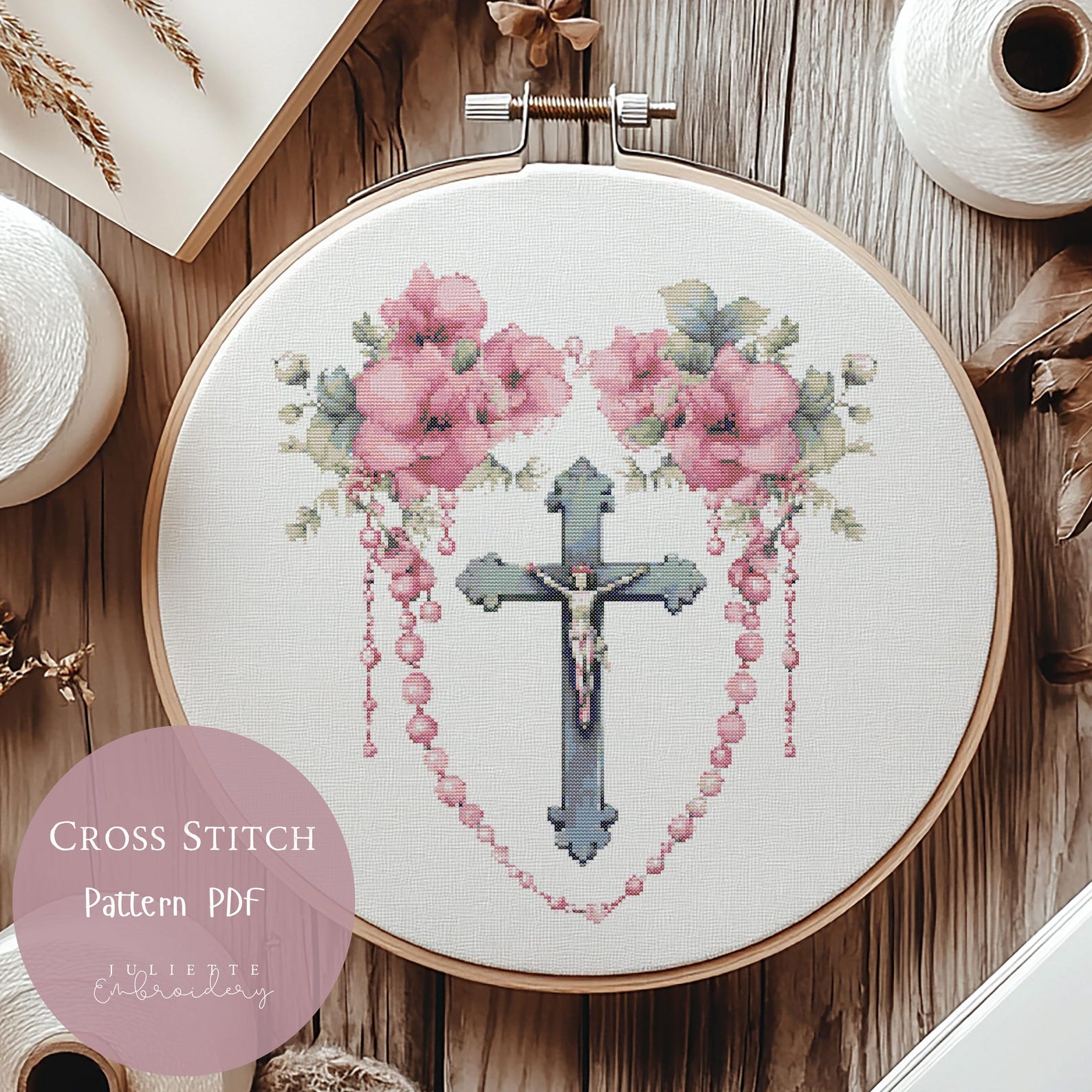Cross Stitch Pattern Pink Flower Rosary |embroidery Designs PDF ...