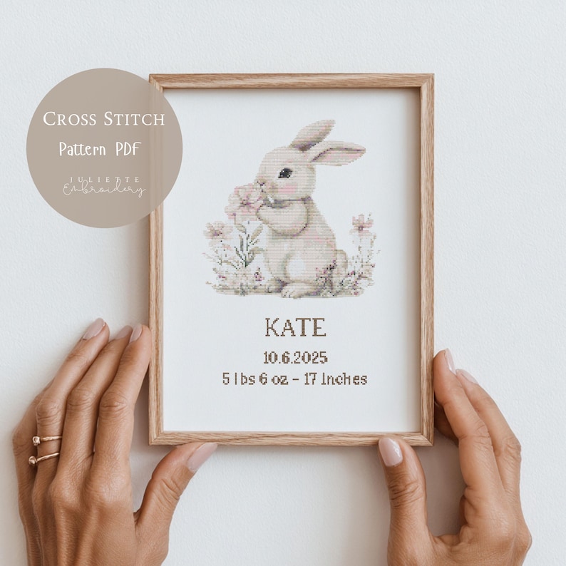 Pink Rabbit Personalized Baby Birth Announcement Cross Stitch Pattern ...