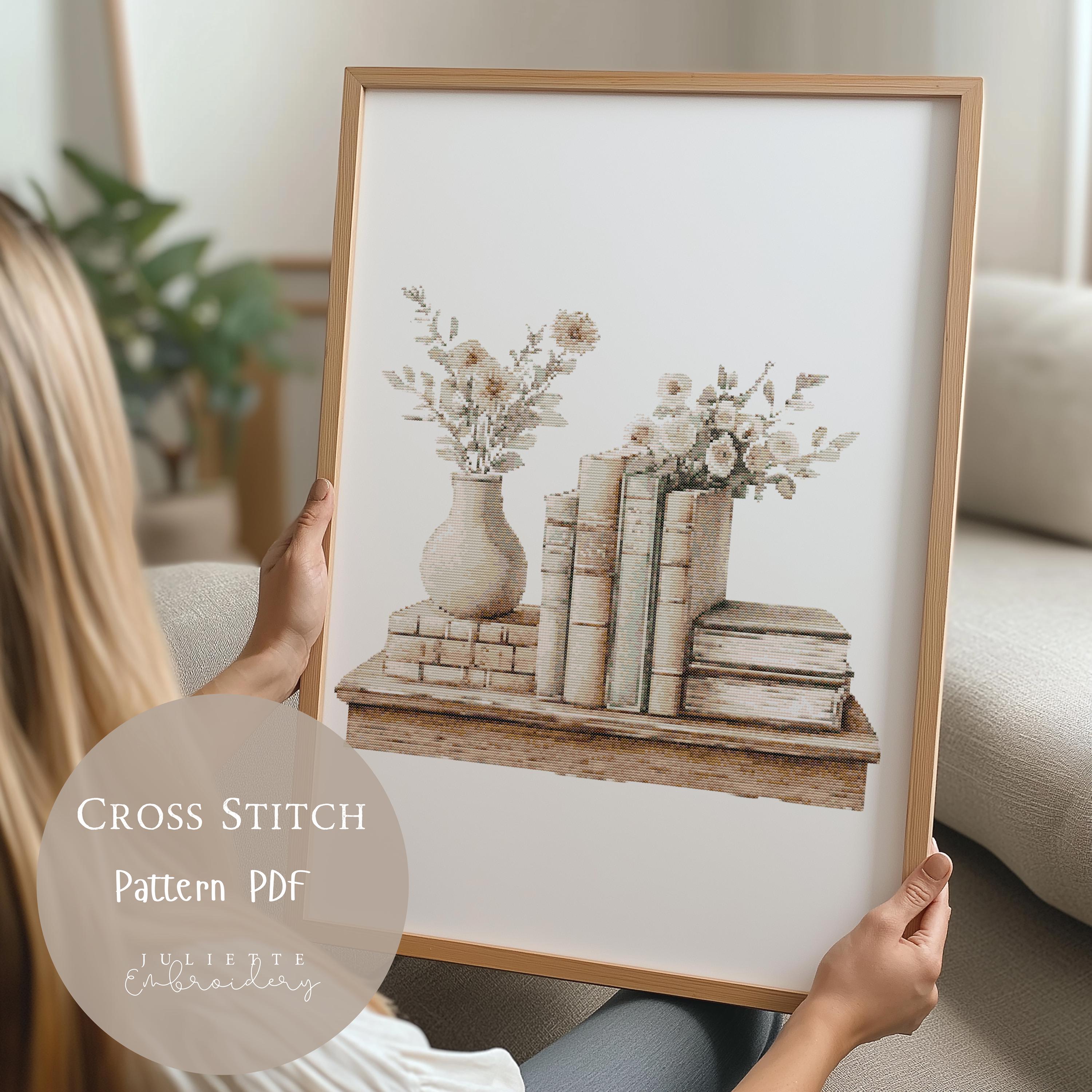 Cross Stitch Pattern Bookshelf | Home Decor Book Embroidery Designs PDF ...