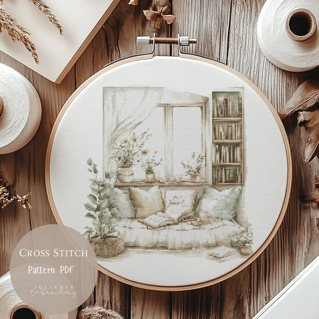 Cross Stitch Pattern Bookshelf | Home Nook Reading Embroidery Designs ...