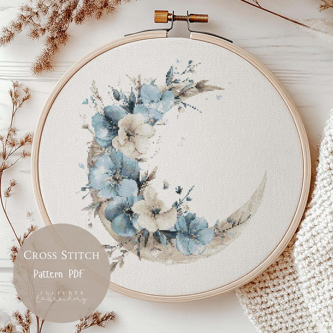 Cross Stitch Pattern Blue Moon | Floral Moon Embroidery Designs PDF ...