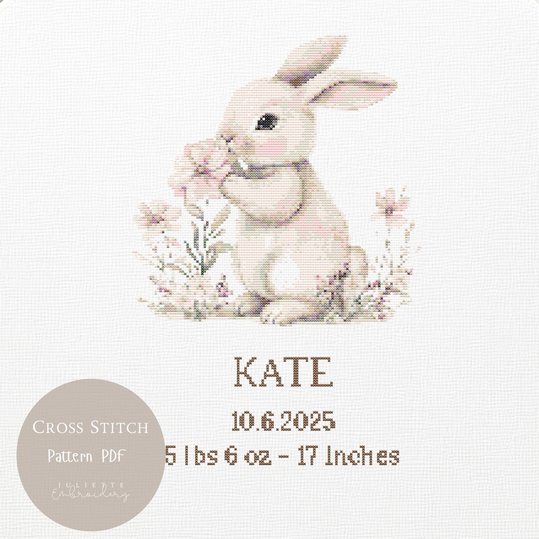 Pink Rabbit Personalized Baby Birth Announcement Cross Stitch Pattern ...