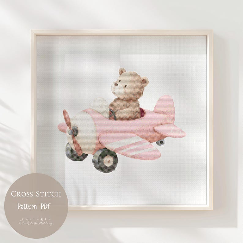 Cross Stitch Pattern Teddy Bear |pink Aviator Nursery Embroidery ...