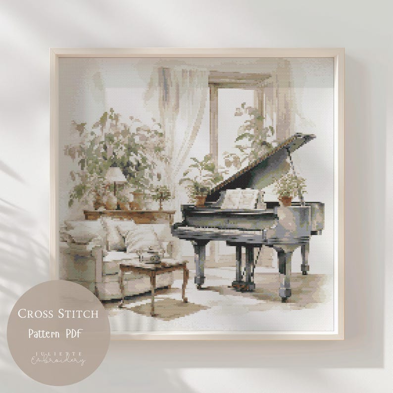 Cross Stitch Pattern Living Room | Home Decor Piano Embroidery Designs ...