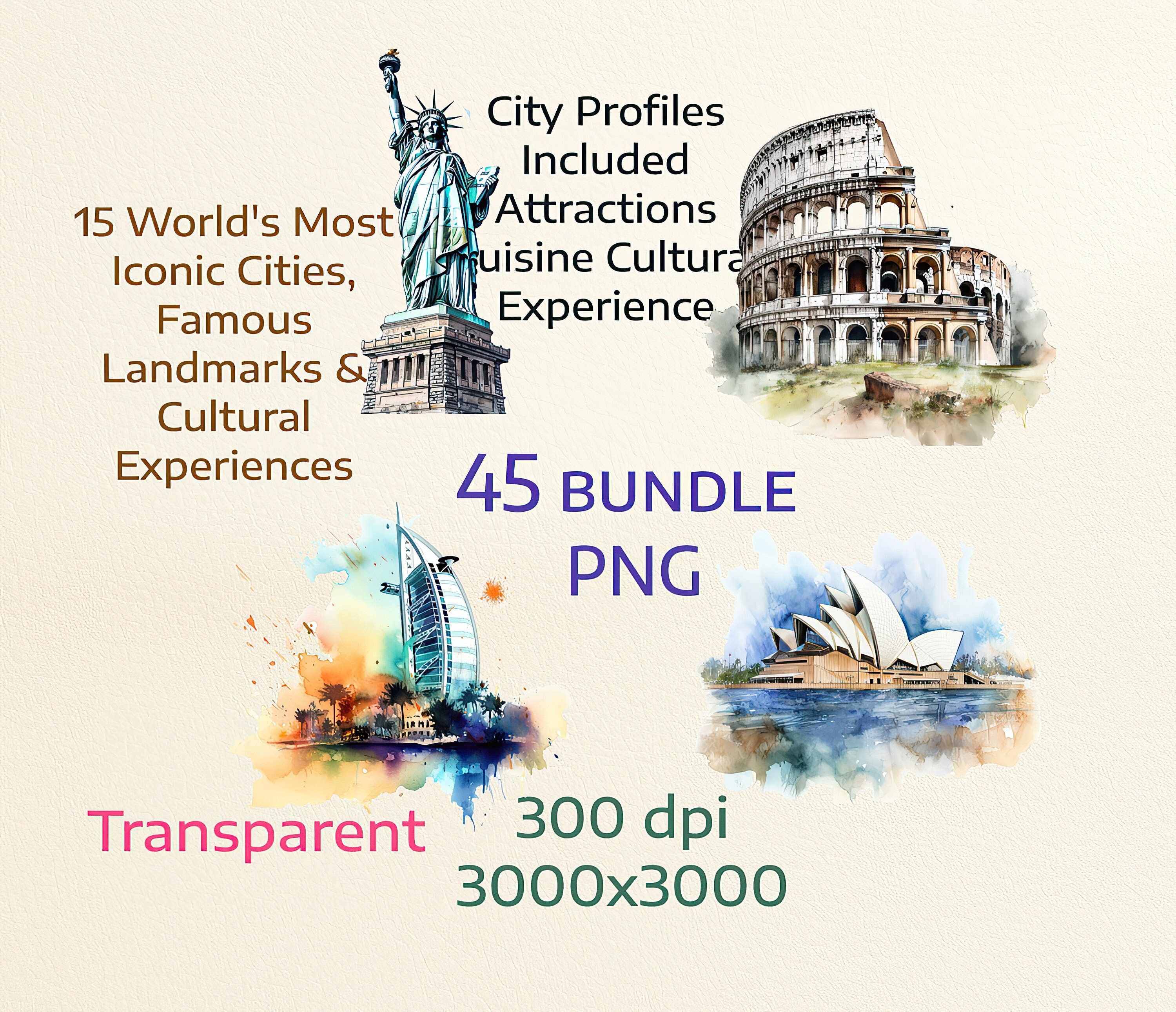Travel Landmarks Clipart Bundle, Famous Cities Attractions ...