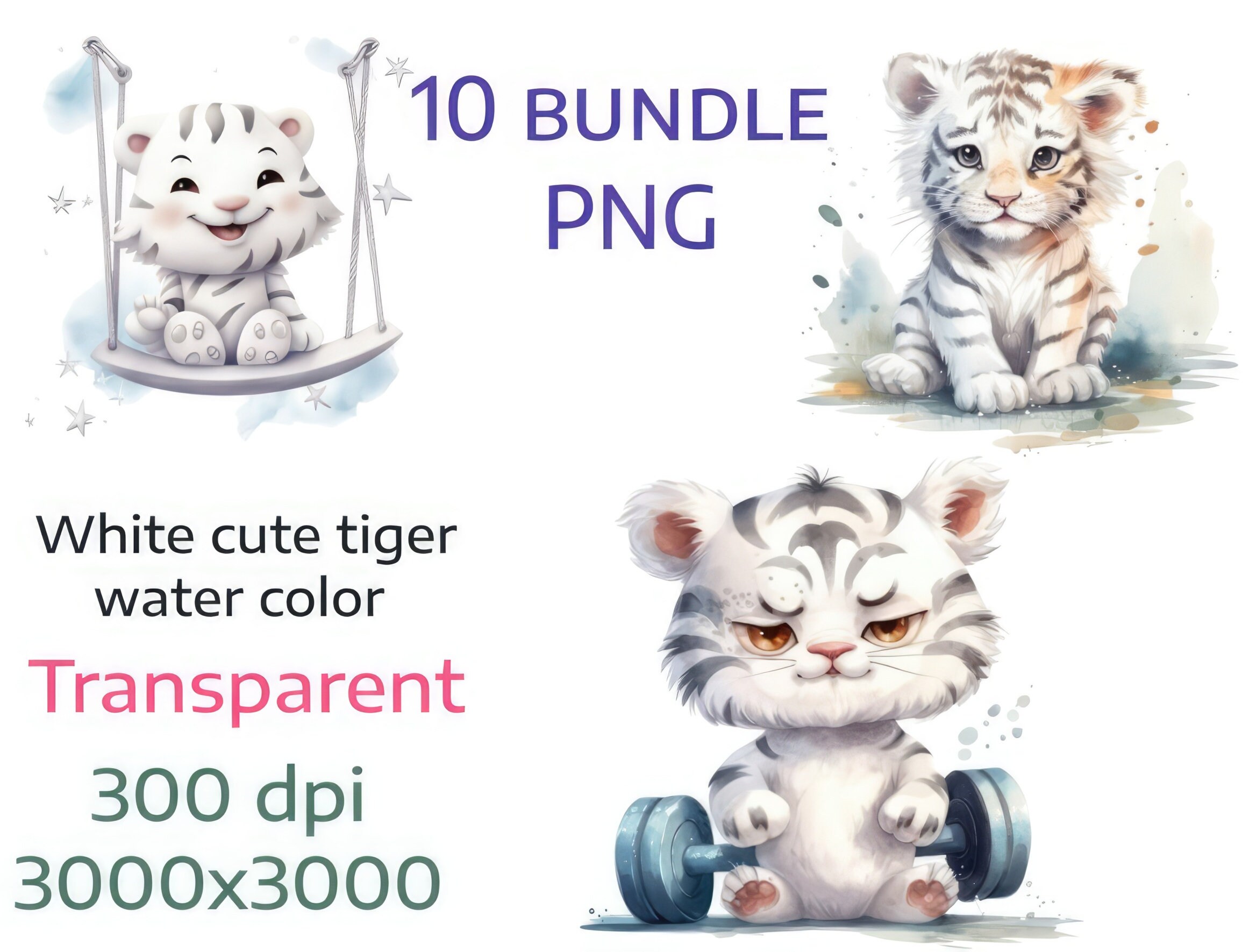 White Tiger Bundle, Watercolor Cub Clipart, Digital Illustration, Cute ...