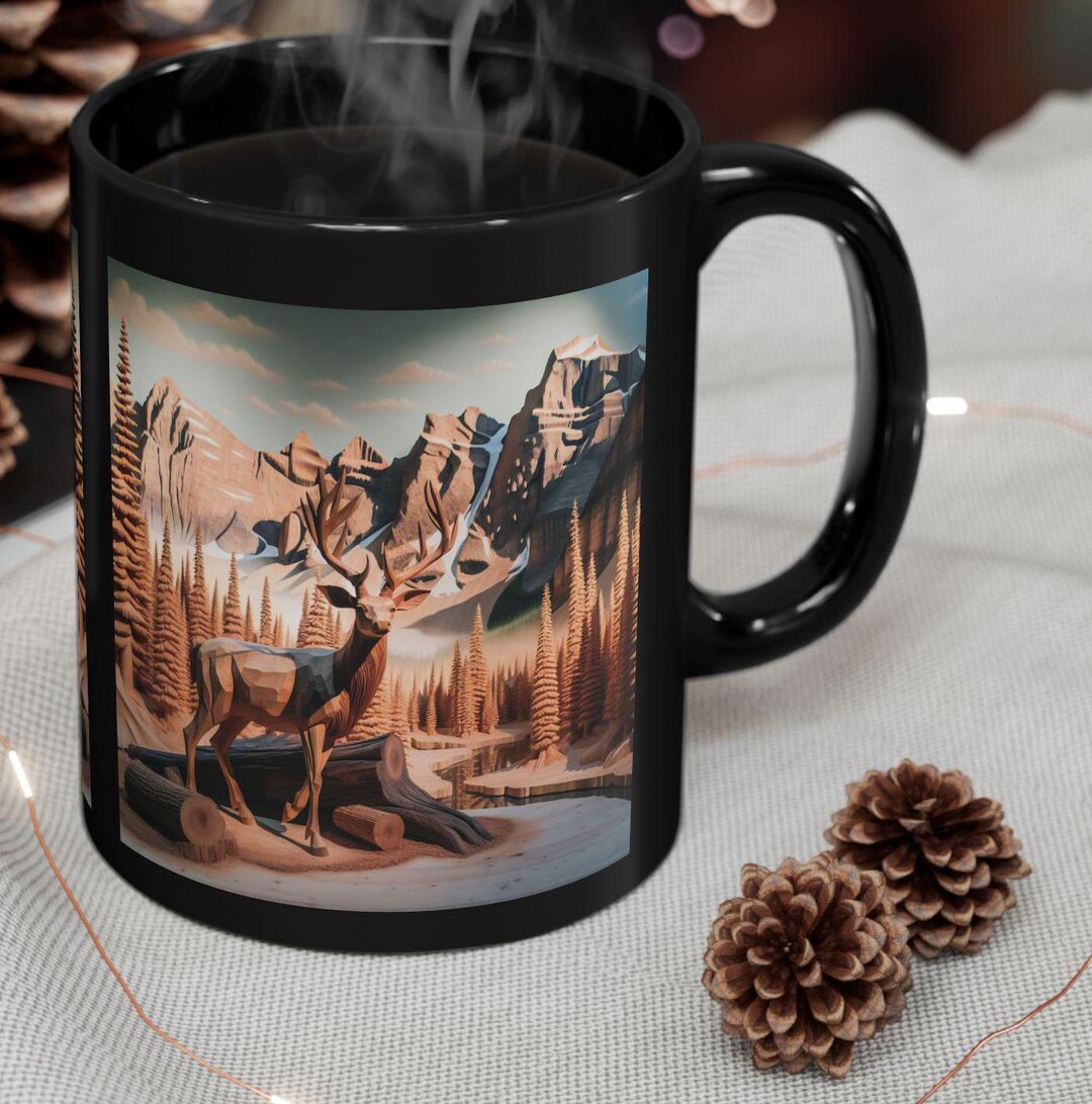 Carved Wood Deer Mountain Cabin Mug, Nature Tea Cup, Deer Mug Gift ...