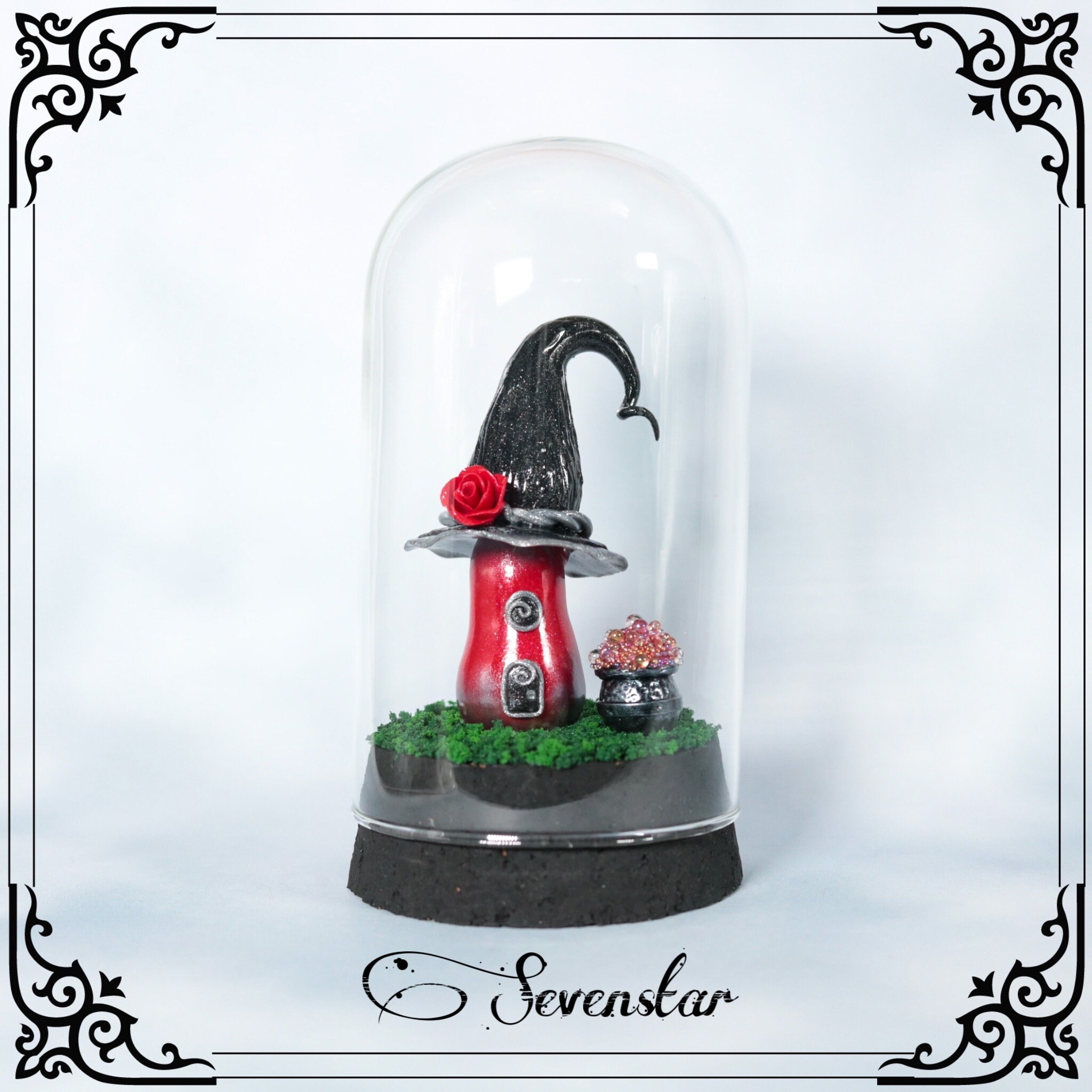 Miniature Witch Hat Fairy House With Cauldron / 3.5” Cloche Glass Dome ...