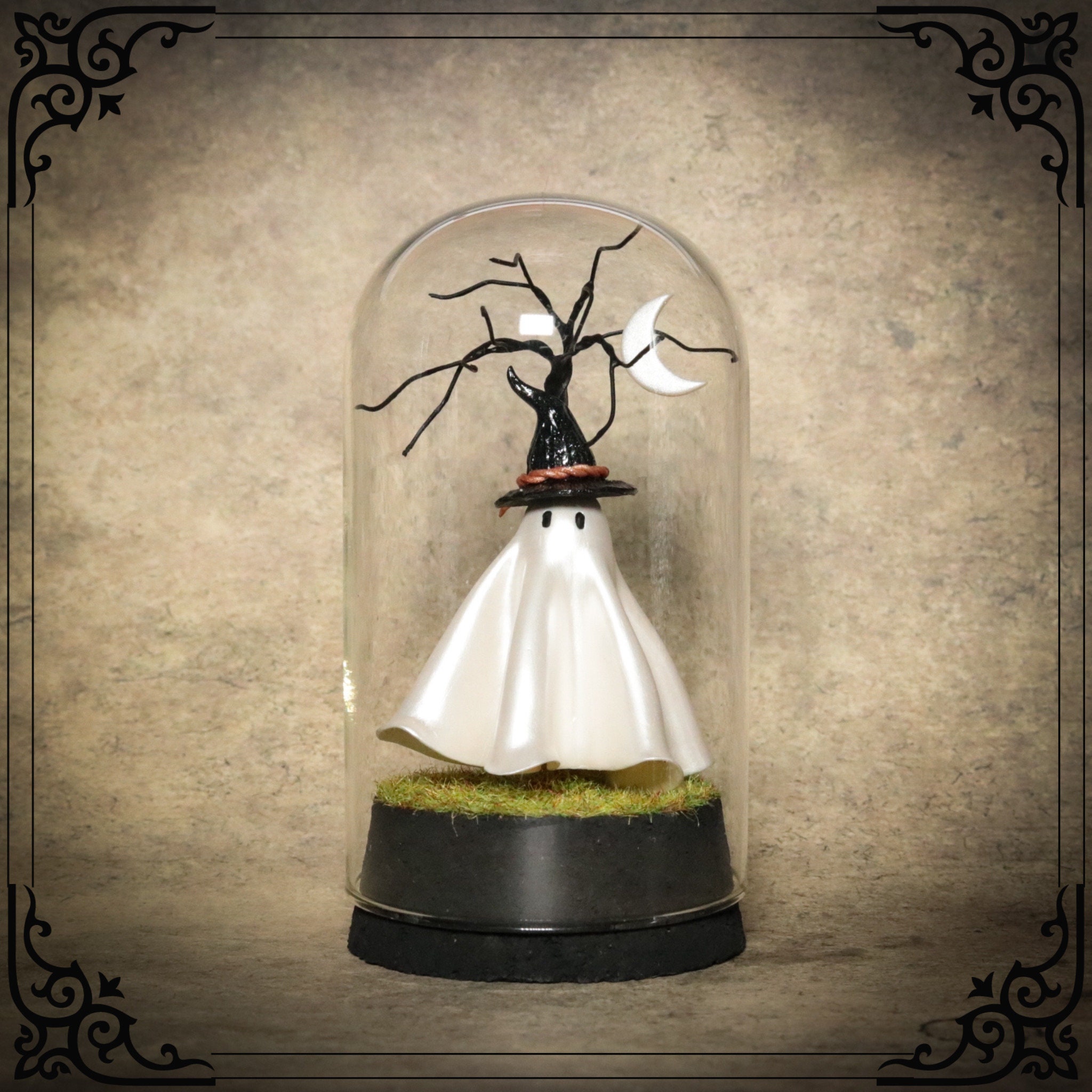 Miniature Witch Ghost With Tree & Moon / 3.5” Cloche Glass Dome Diorama ...
