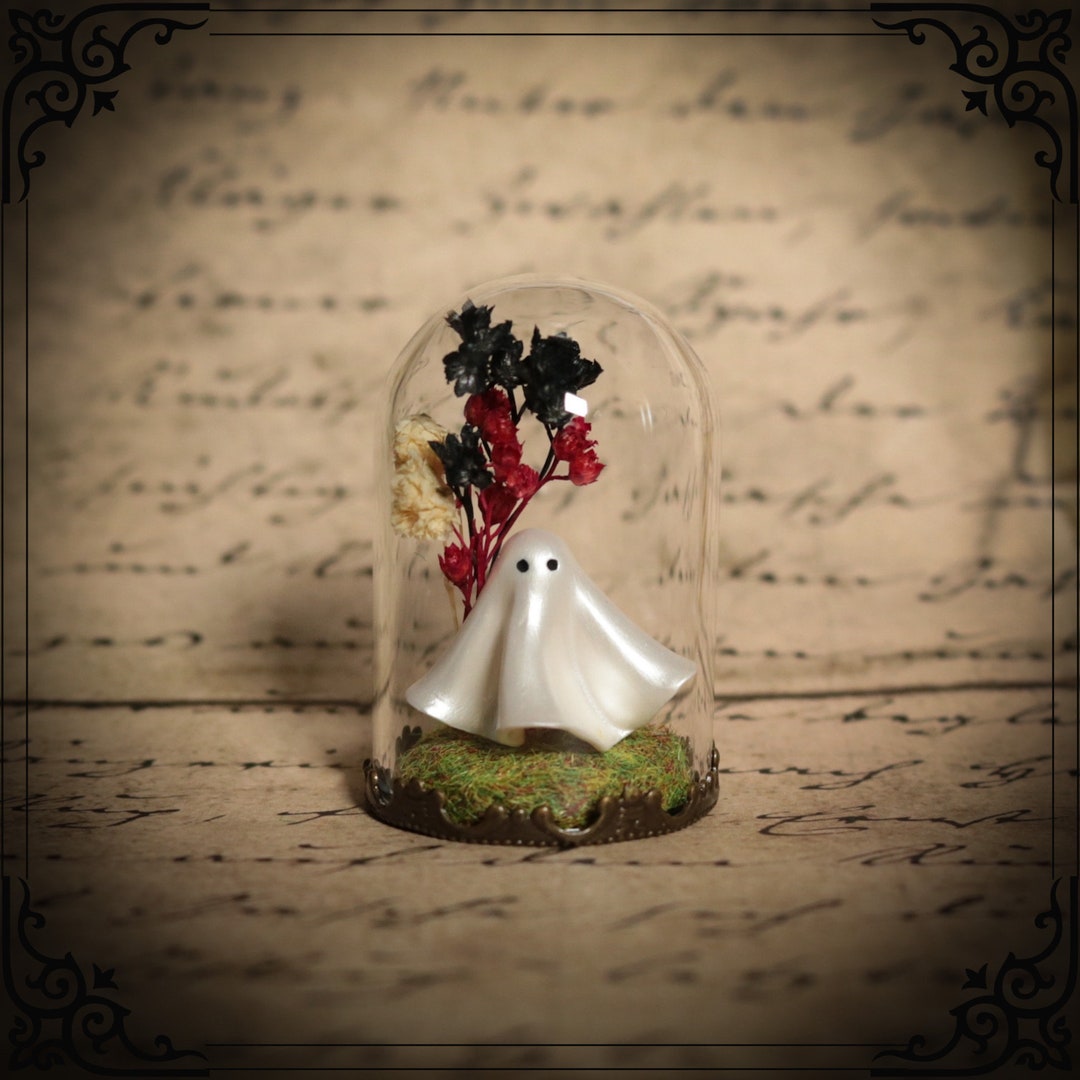 Miniature 1.5” Ghost Figurine Cloche With Dried Flowers / Glass Dome ...