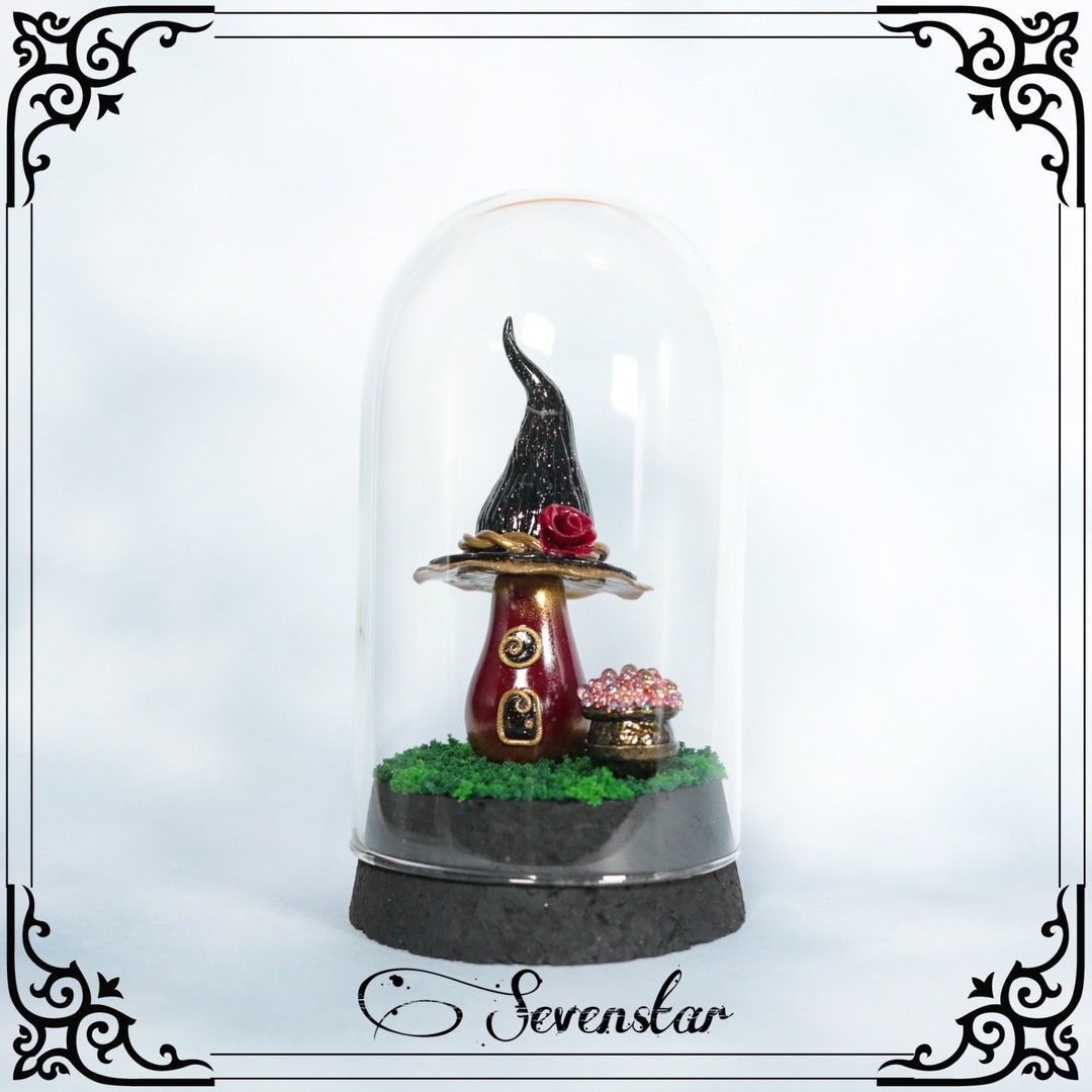 Miniature Witch Hat Fairy House With Cauldron / 3.5” Cloche Glass Dome ...