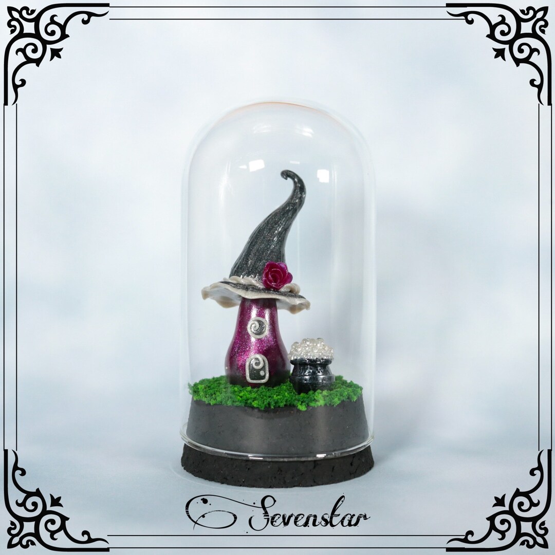 Miniature Witch Hat Fairy House With Cauldron / 3.5” Cloche Glass Dome ...