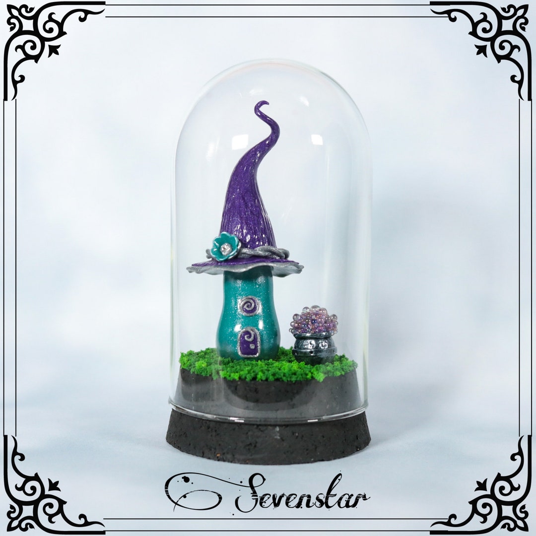 Miniature Witch Hat Fairy House With Cauldron / 3.5” Cloche Glass Dome ...