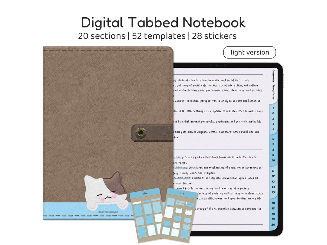 Cute Digital Notebook With Tabs, Kawaii Cat, Portrait Mode, 20 Section ...
