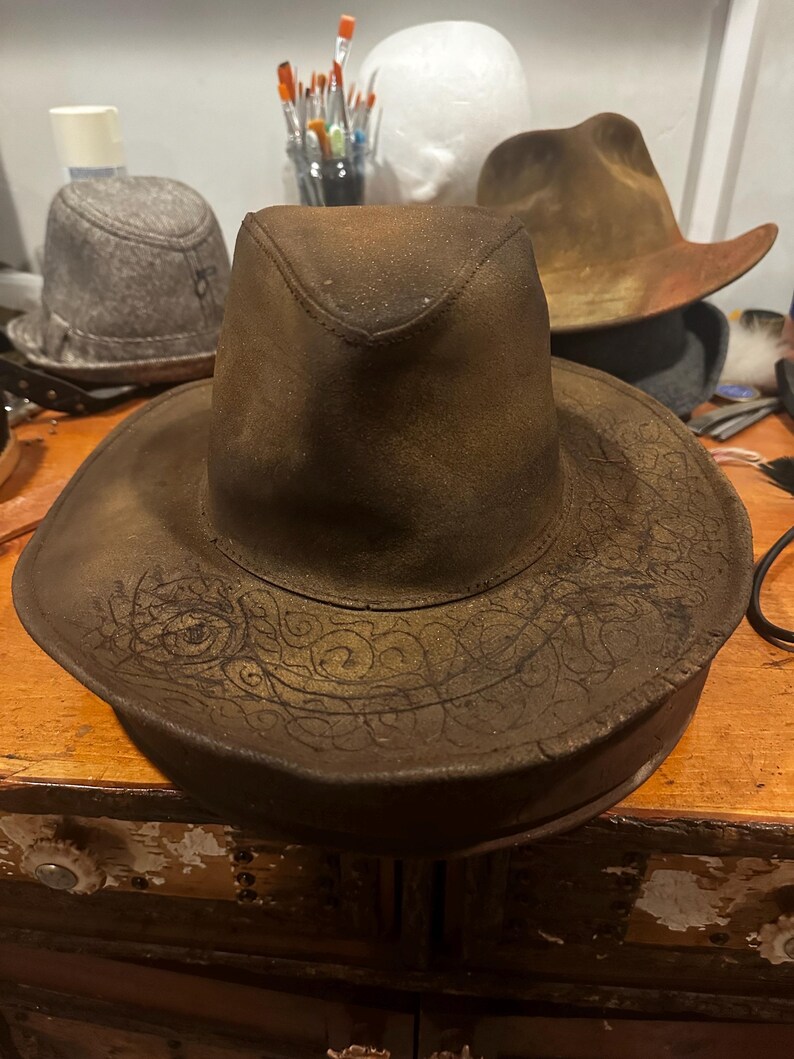 Genuine Leather Outback Hat With Feather and Bone Accent. 7 1/8 ...