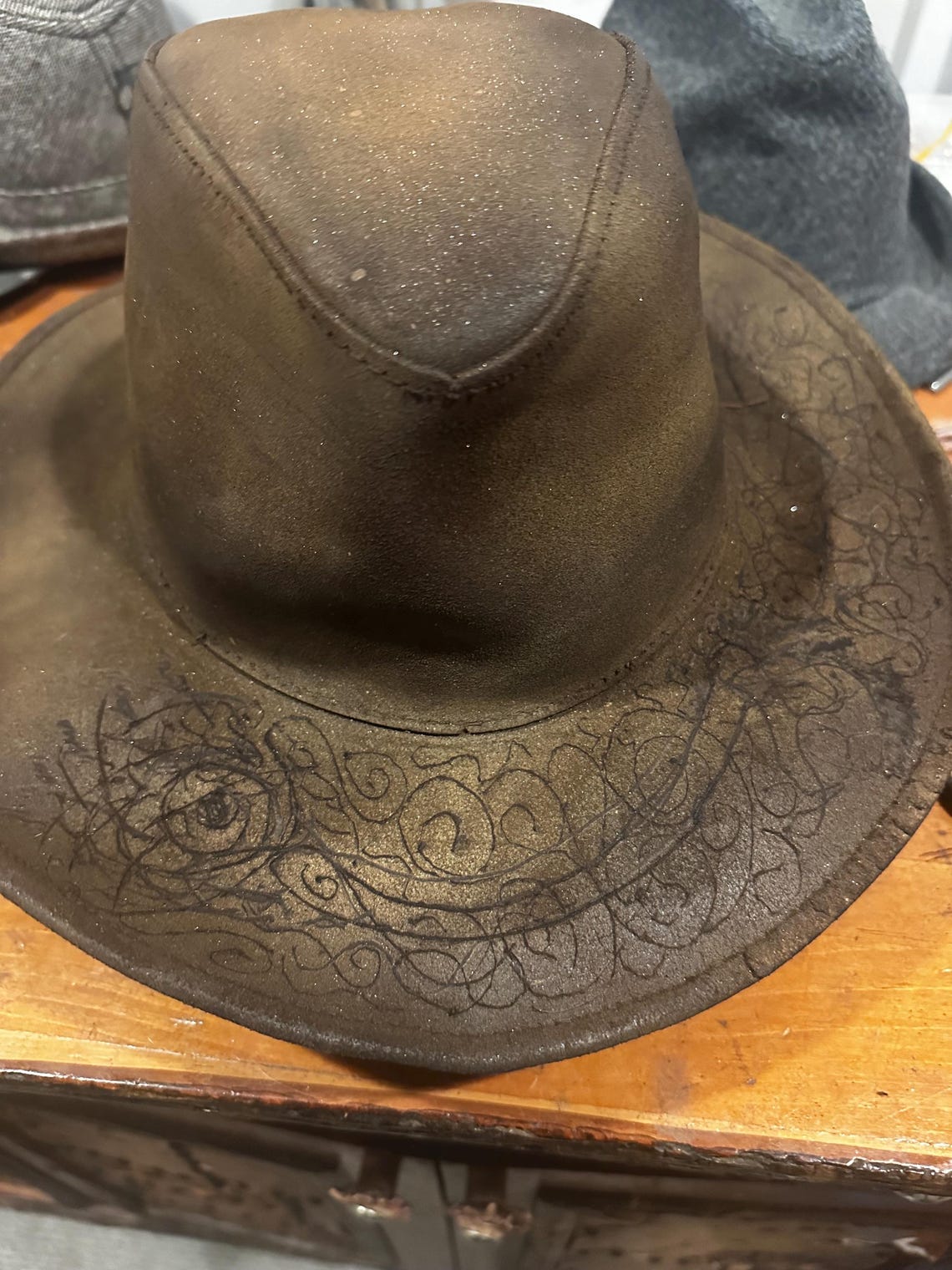 Genuine Leather Outback Hat With Feather and Bone Accent. 7 1/8 ...