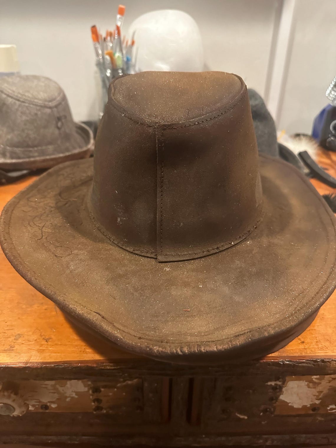 Genuine Leather Outback Hat With Feather and Bone Accent. 7 1/8 ...