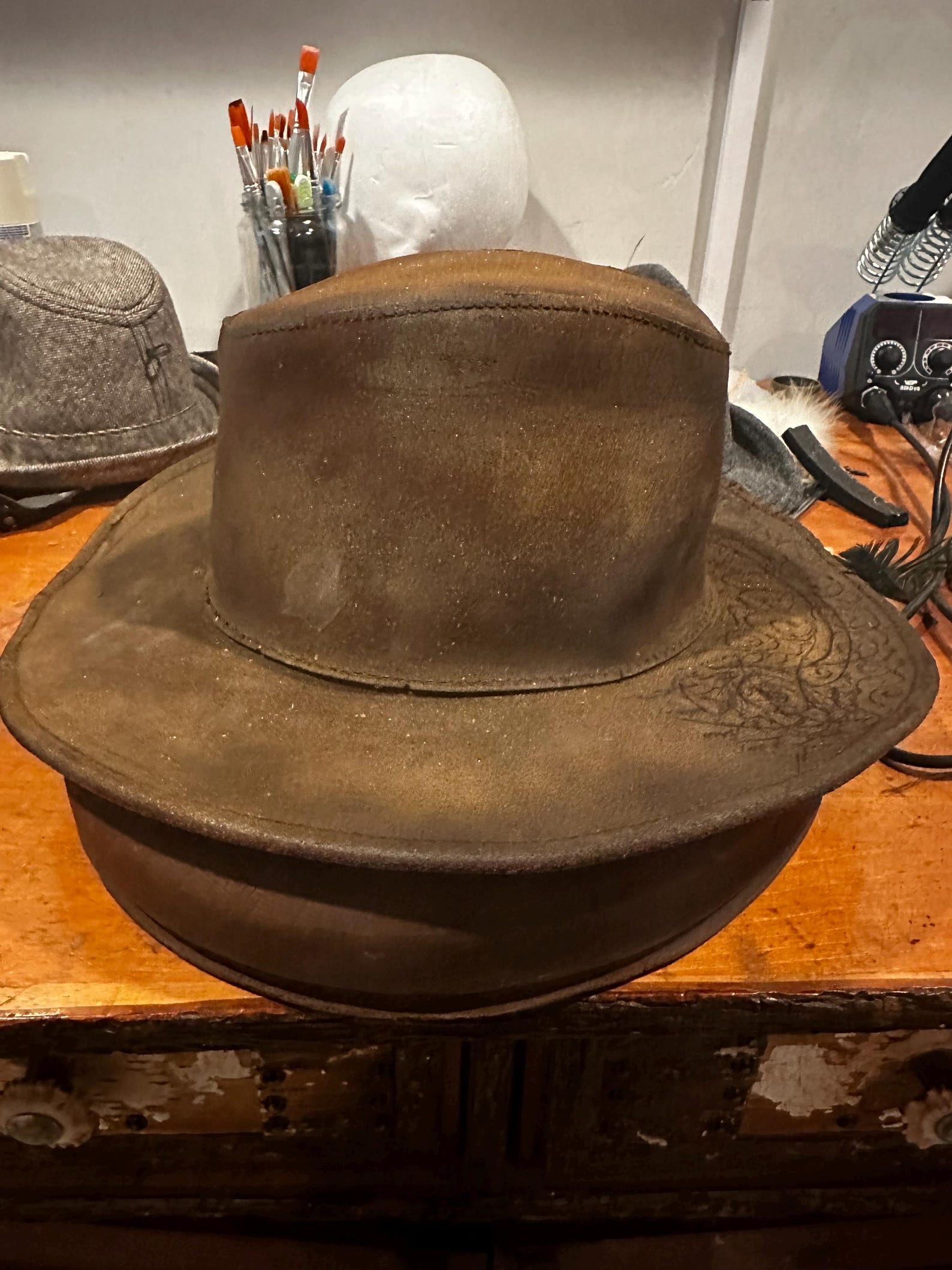 Genuine Leather Outback Hat With Feather and Bone Accent. 7 1/8 ...