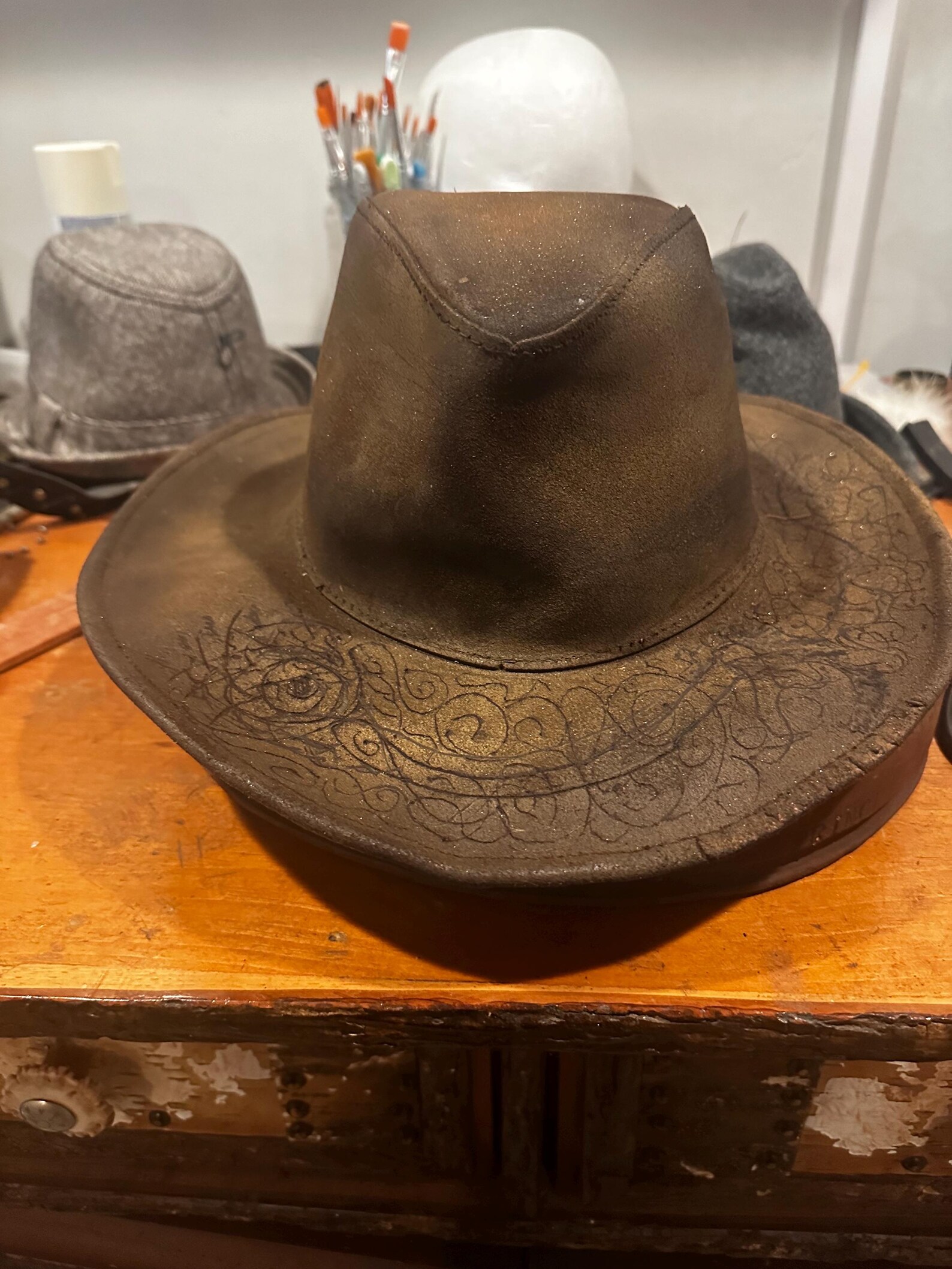 Genuine Leather Outback Hat With Feather and Bone Accent. 7 1/8 ...