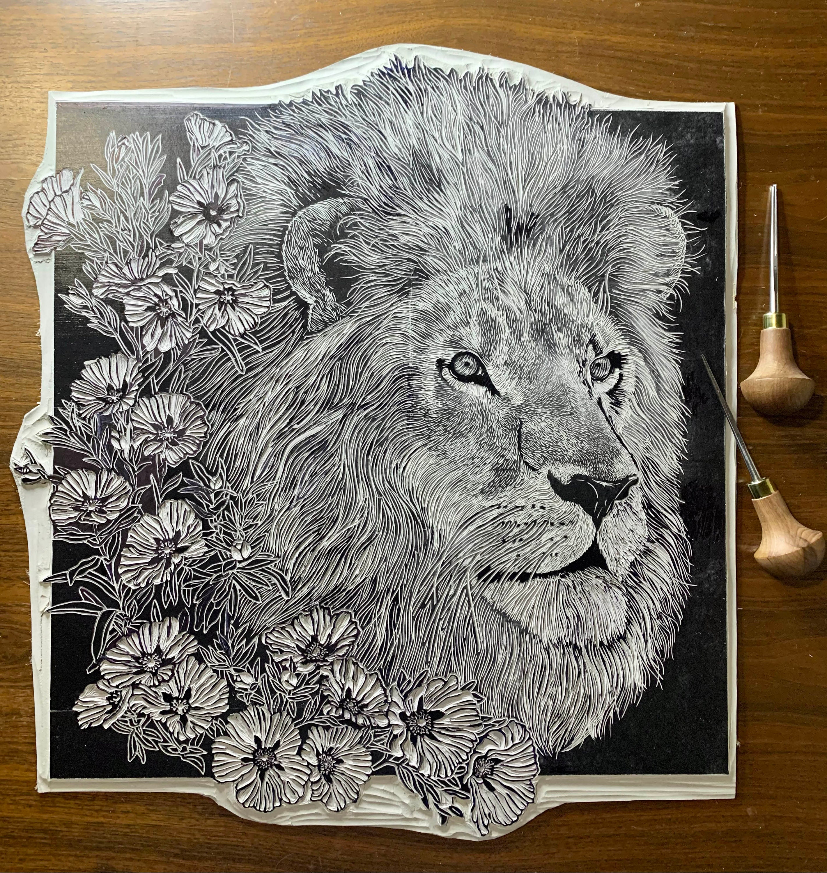 Courage | Original Art Linocut Relief Block Print of Lion With Rock ...
