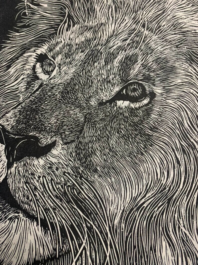 Courage | Original Art Linocut Relief Block Print of Lion With Rock ...