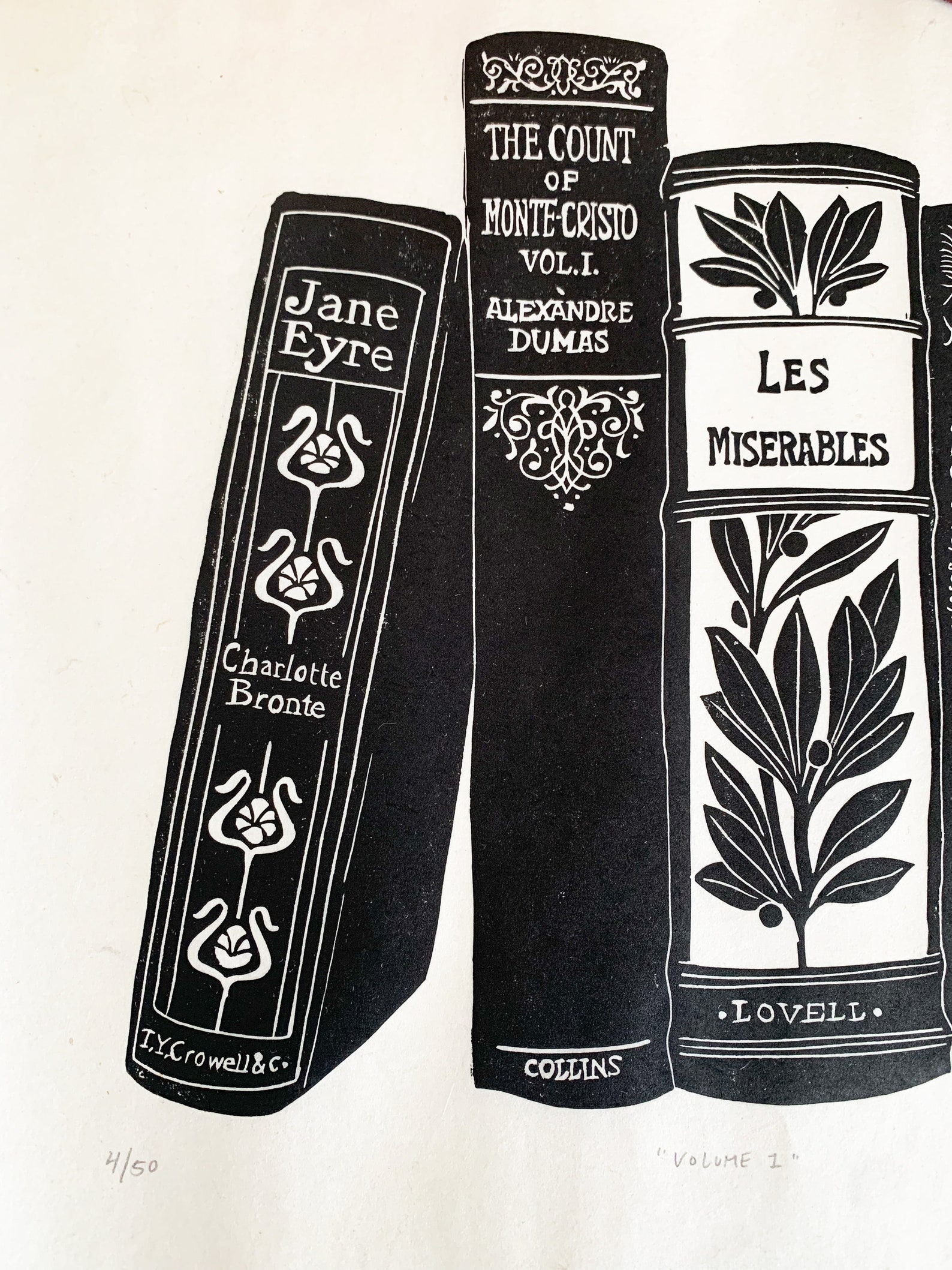 Classic Novel Book Spines Linocut Print | Limited Edition Archival Art ...