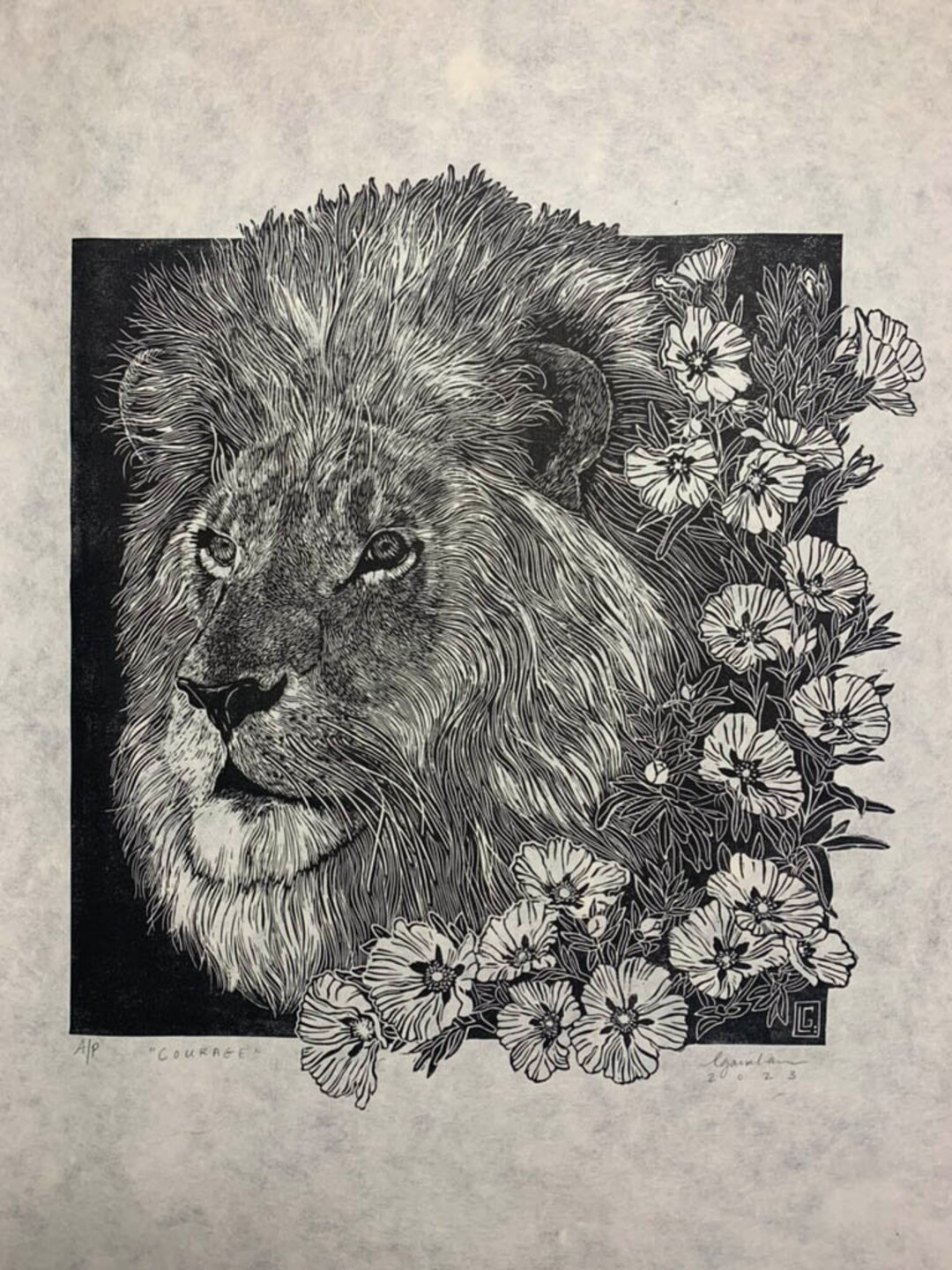 Courage | Original Art Linocut Relief Block Print of Lion With Rock ...