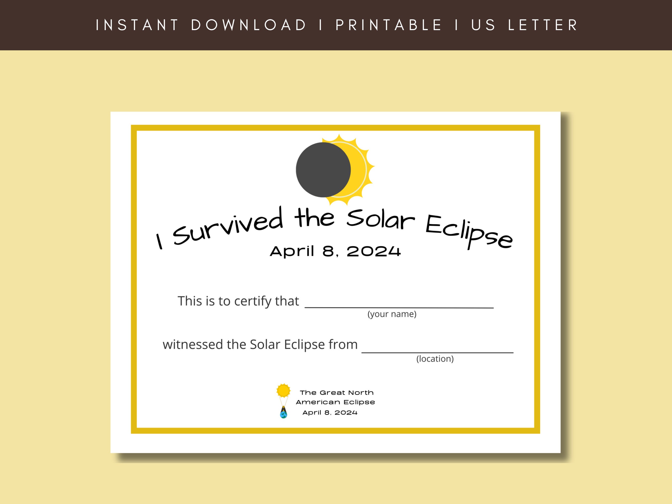 SOLAR ECLIPSE 2024 Printable Party Certificate L Total Solar Eclipse I ...