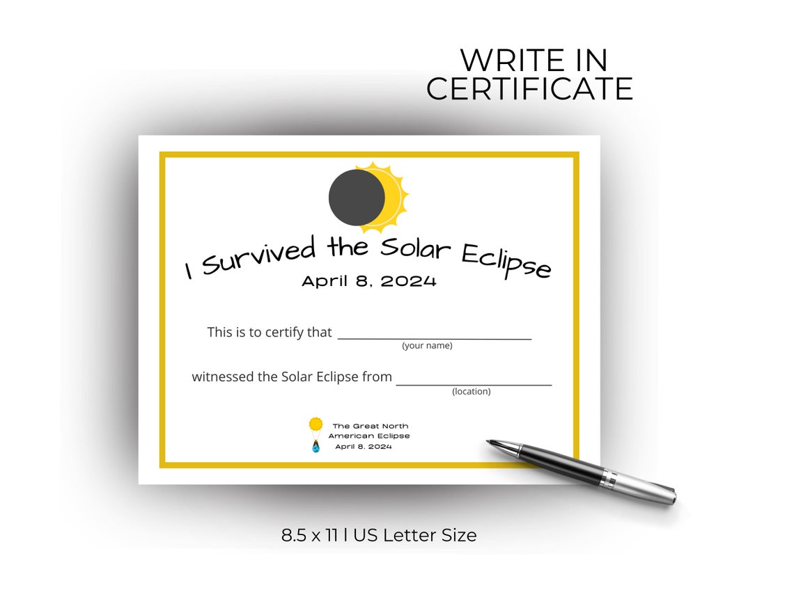 SOLAR ECLIPSE 2024 Printable Party Certificate L Total Solar Eclipse I ...